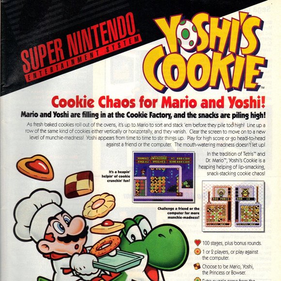 Super Nintendo | Art | Vintage 994 Print Ad For Yoshis Cookie Super ...